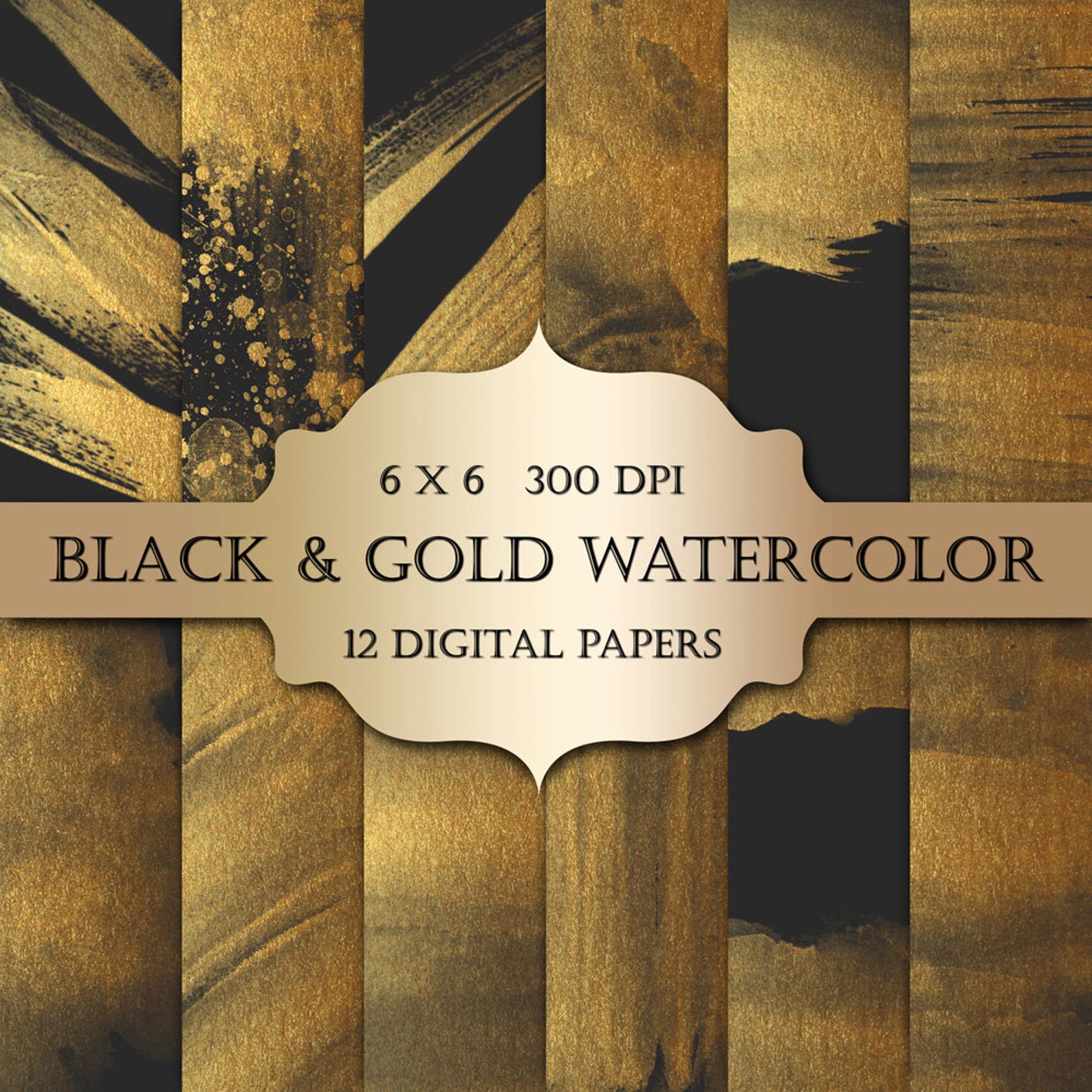 Gold Watercolor Digital Papers Black & Gold Glitter - Etsy