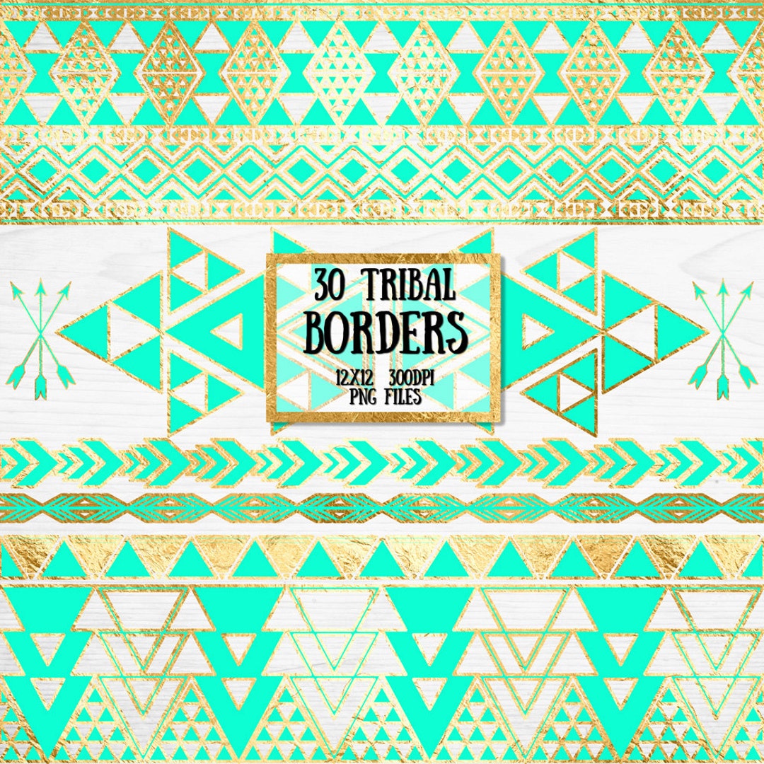 Turquoise & Gold Tribal Borders Clip Art: Aztec PNG Files (digital ...