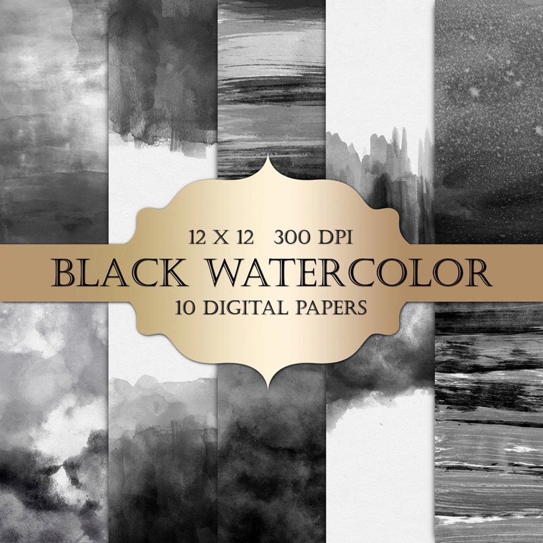 Watercolor Digital Paper - Black Watercolor Painted Digital Paper Brush ...