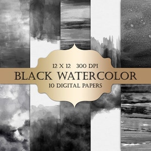 Watercolor Digital Paper - Black Watercolor Painted Digital Paper Brush ...
