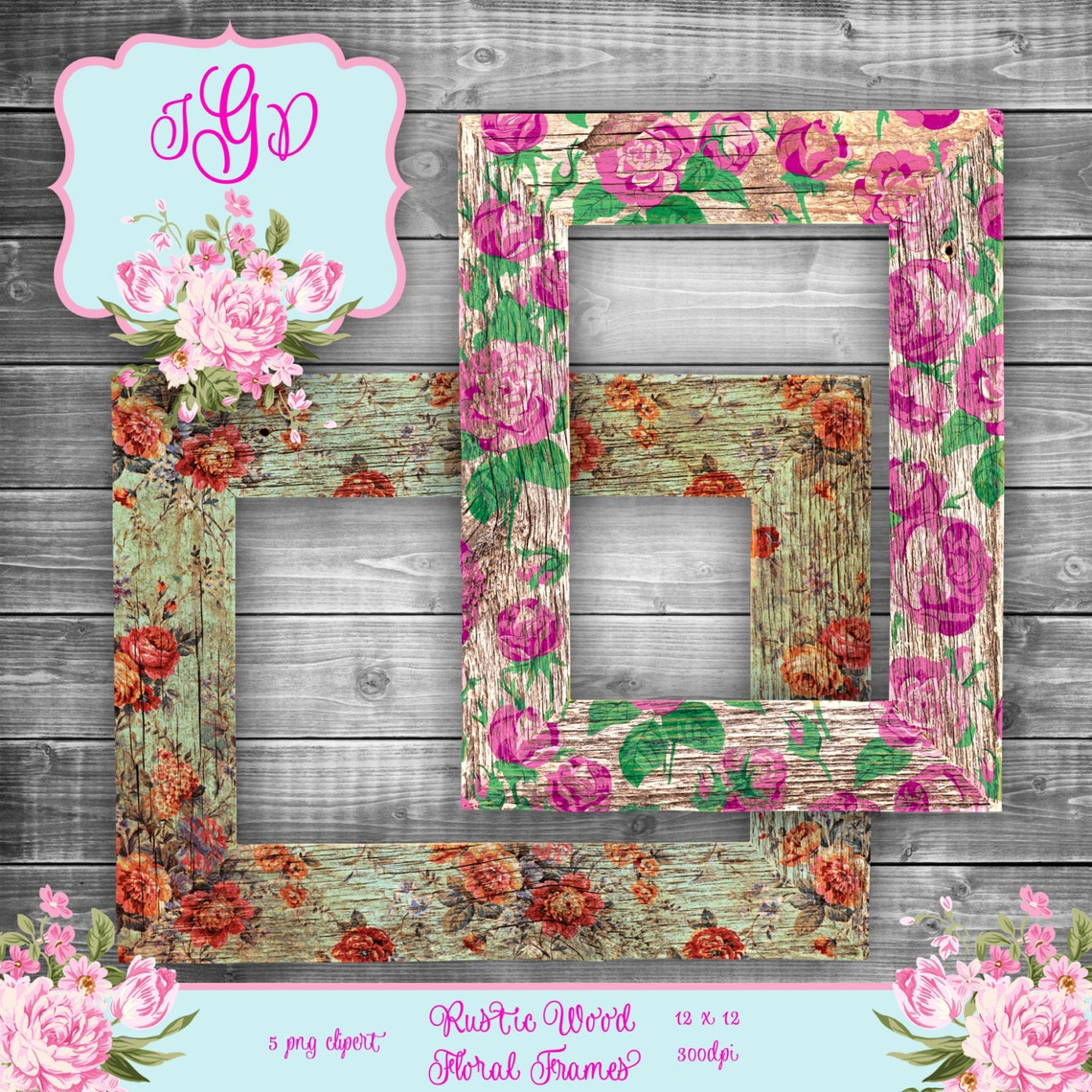 Vintage Shabby Flowers Rustic Wood Frames Digital Clipart - Etsy