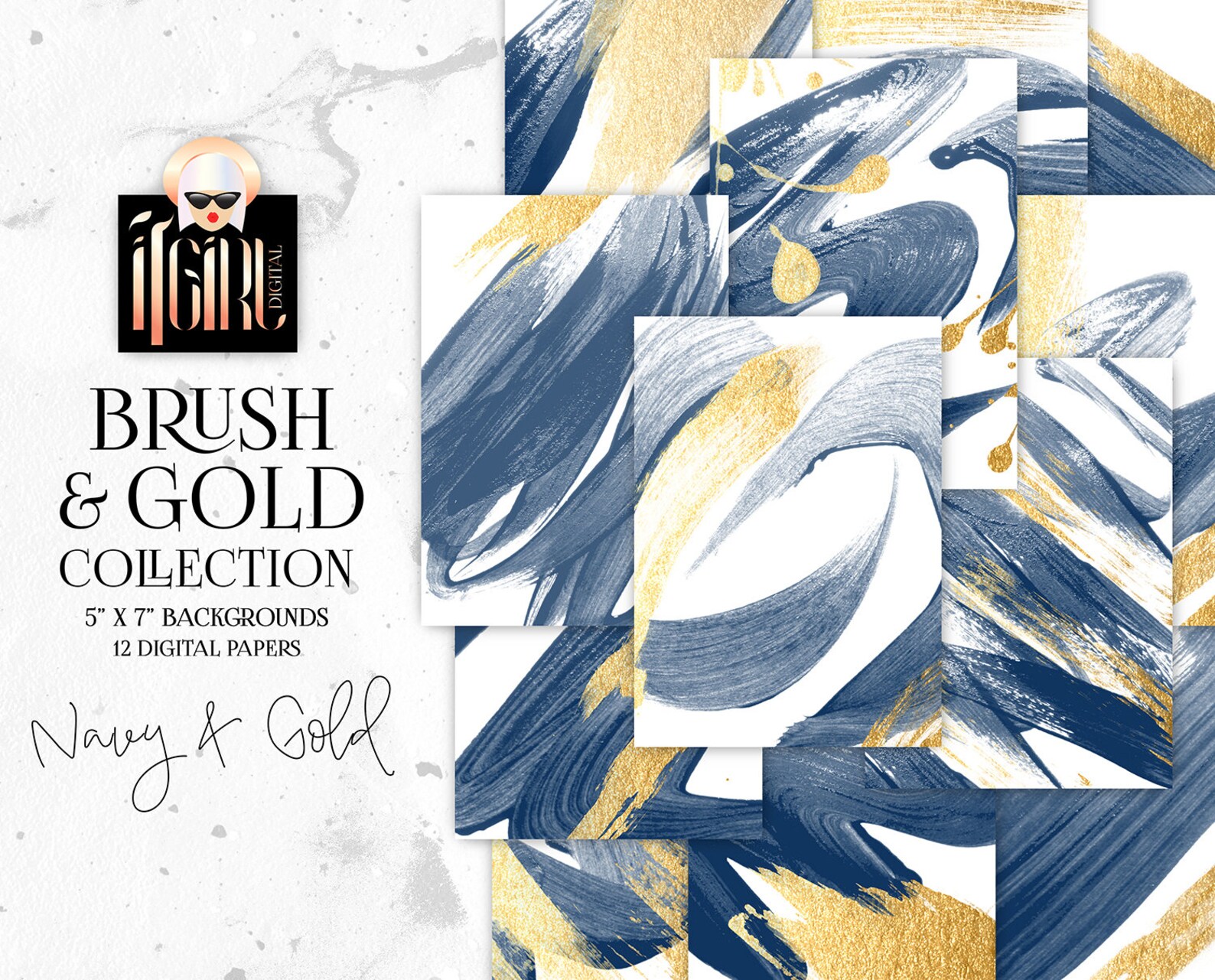 Navy & Gold Brush Strokes Watercolor Textures Gold Digital - Etsy