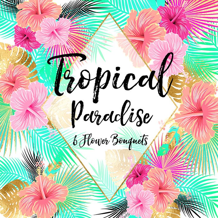Tropical Flowers Clipart hibiscus tropical leaves flower | Etsy