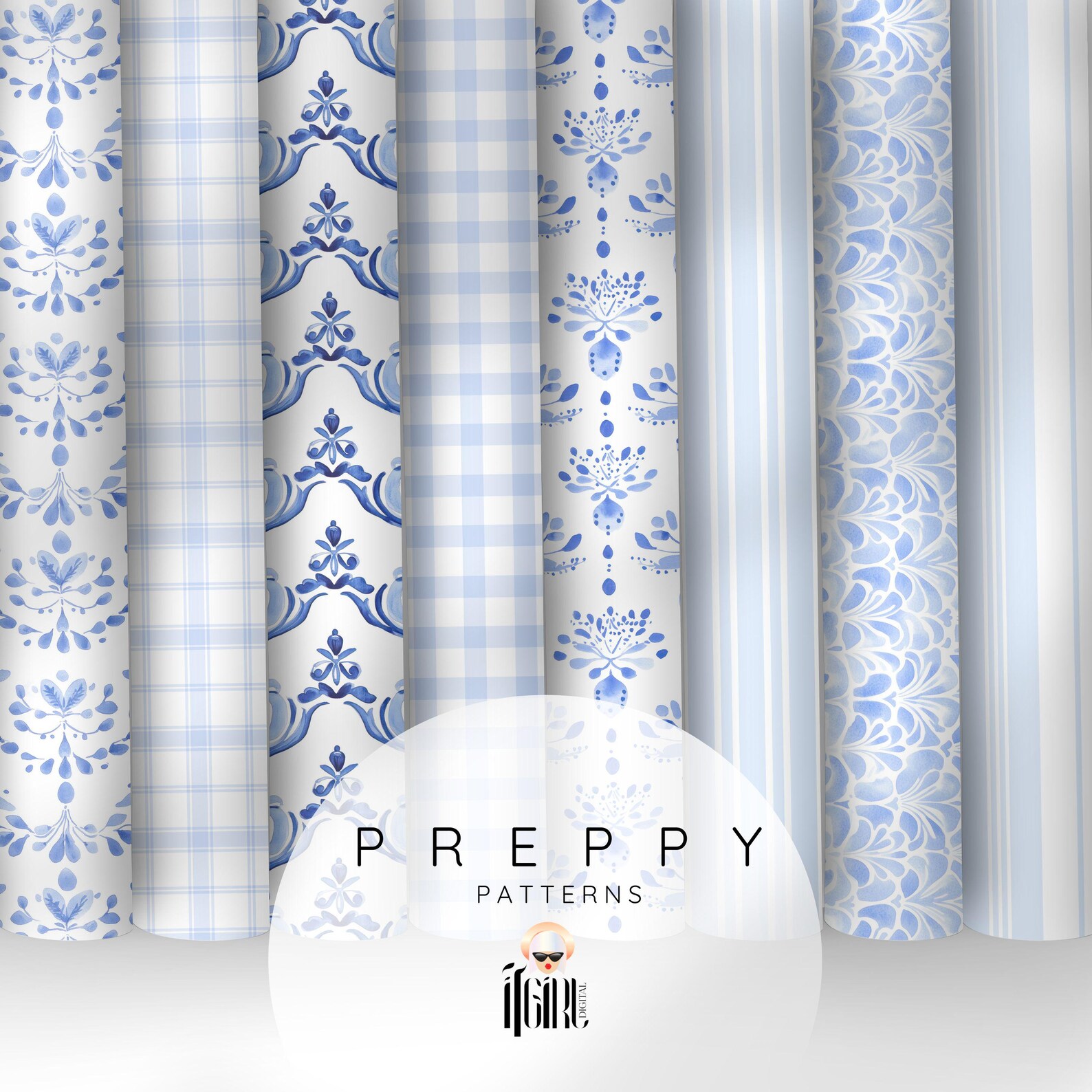 Grandmillenial Blue Preppy Seamless Digital Paper, Damask, Watercolor ...