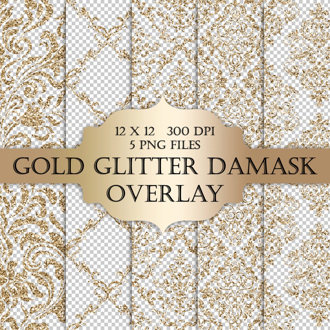 Gold Glitter Damask Digital Clip Art Overlay - Damask Glitter Metallic ...