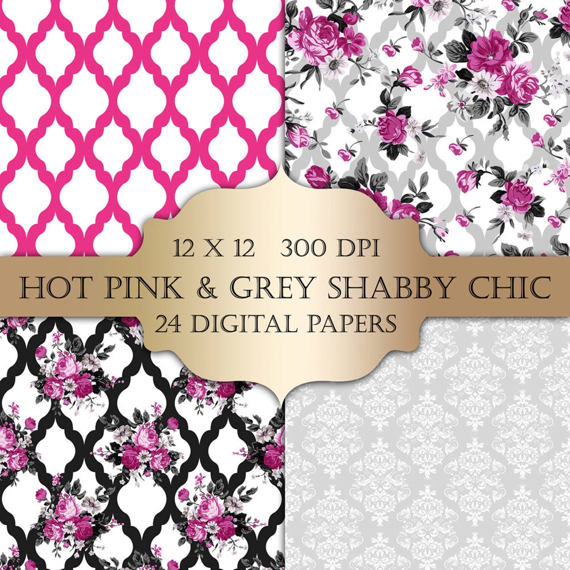 Pink Shabby Chic Digital Papers Hot Pink & Grey Quatrefoil - Etsy