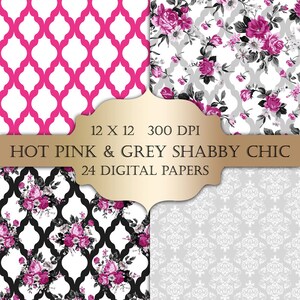 Pink Shabby Chic Digital Papers - Hot Pink & Grey Quatrefoil Polka Dot ...
