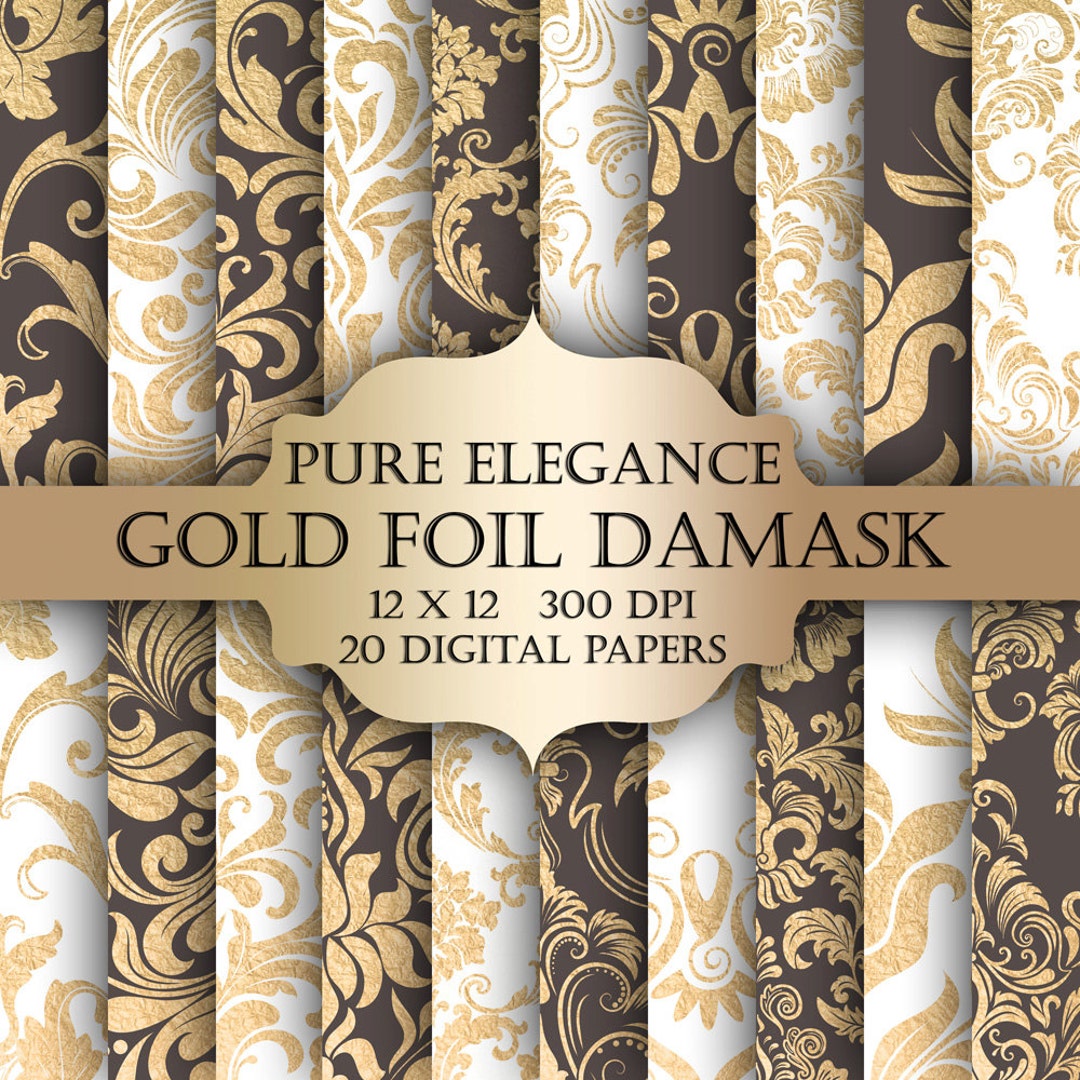 Gold Foil Damask Digital Paper Pack - Floral Gold Metallic Foil Pattern ...