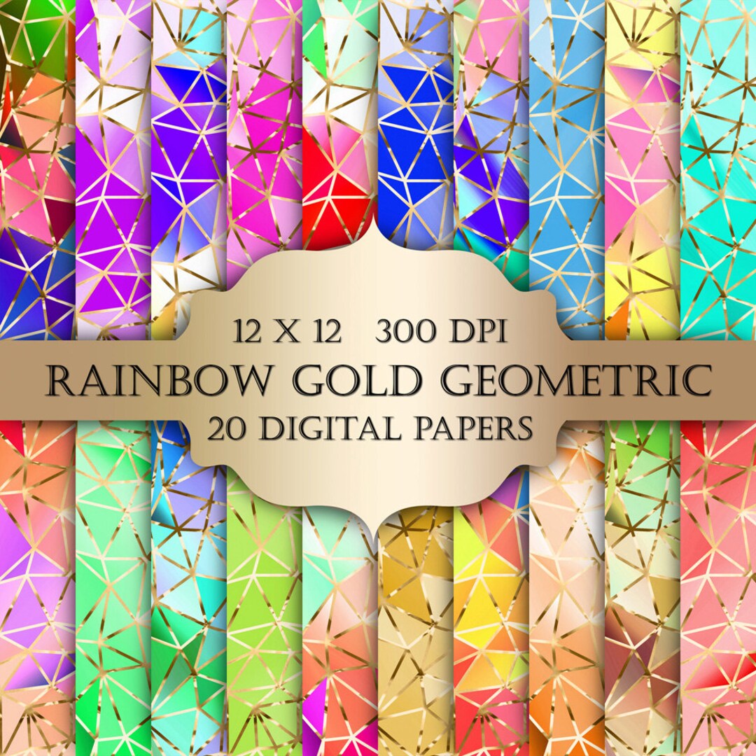 Gold Rainbow Geometric Digital Paper - Triangles Sparkle Metallic ...