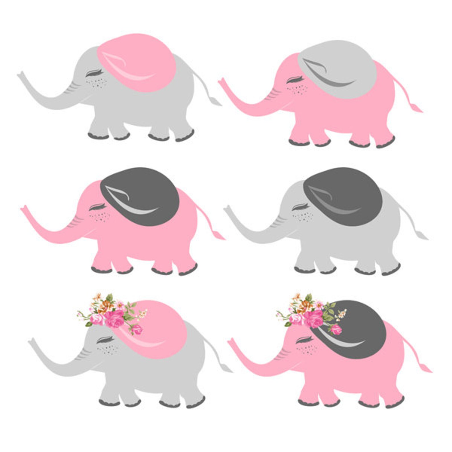 Elephants Clipart Pink Grey Elephants Baby Shower Baby Girl | Etsy