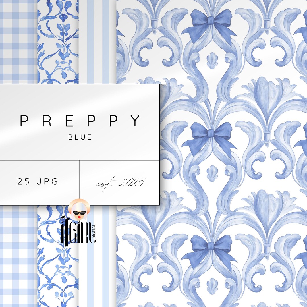 Grandmillenial Blue Preppy Seamless Digital Paper, Trellis, Watercolor ...