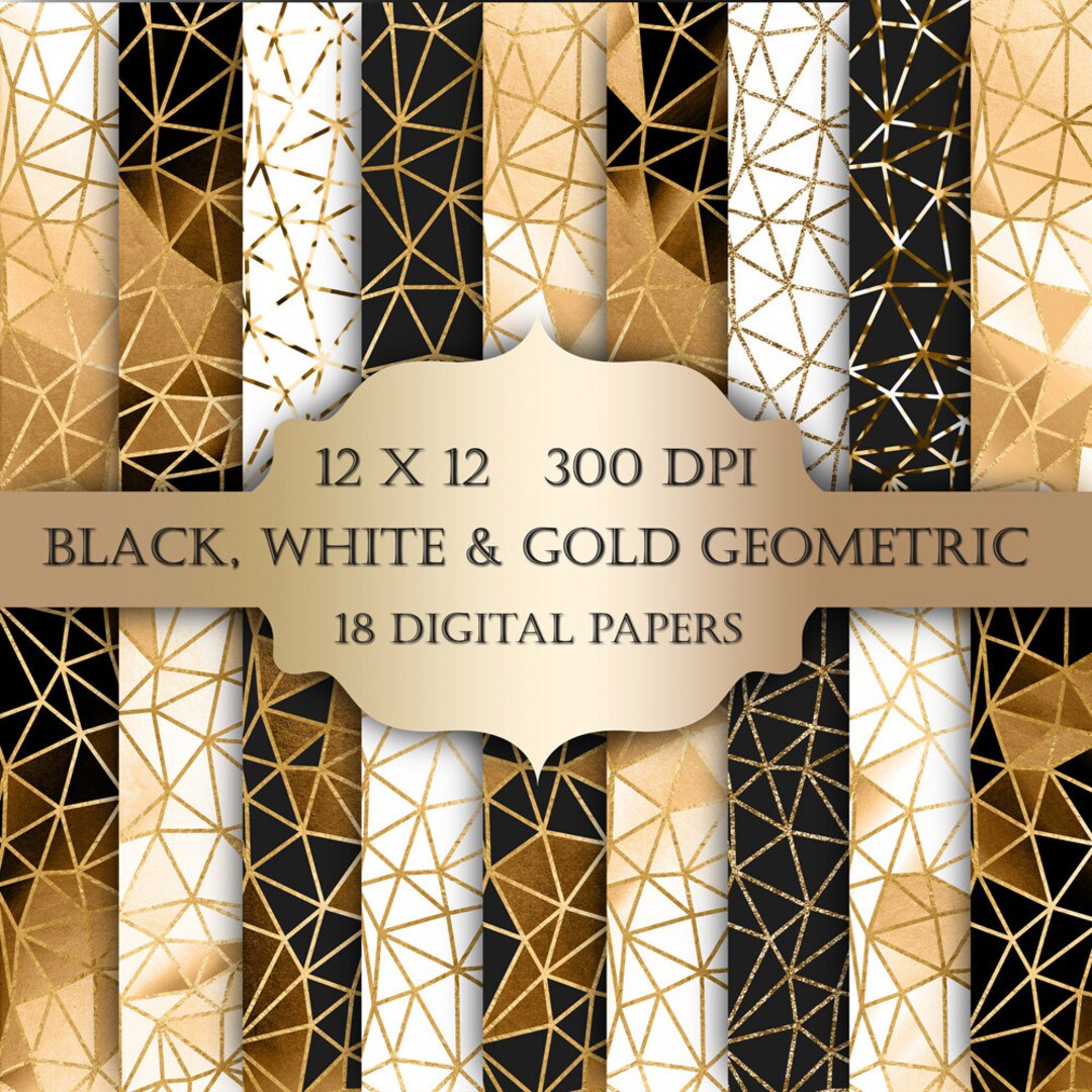 Gold Geometric Digital Paper - Black White Gold Glitter Triangles ...