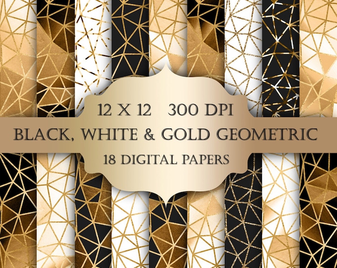 Gold Geometric Digital Paper Black White Gold Glitter - Etsy