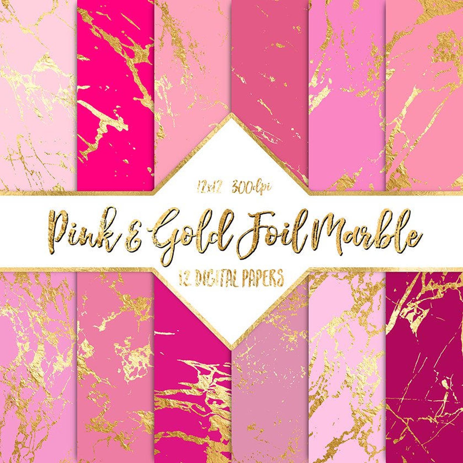 Pink & Gold Foil Marble Digital Papers: Scrapbook Texture (digital ...