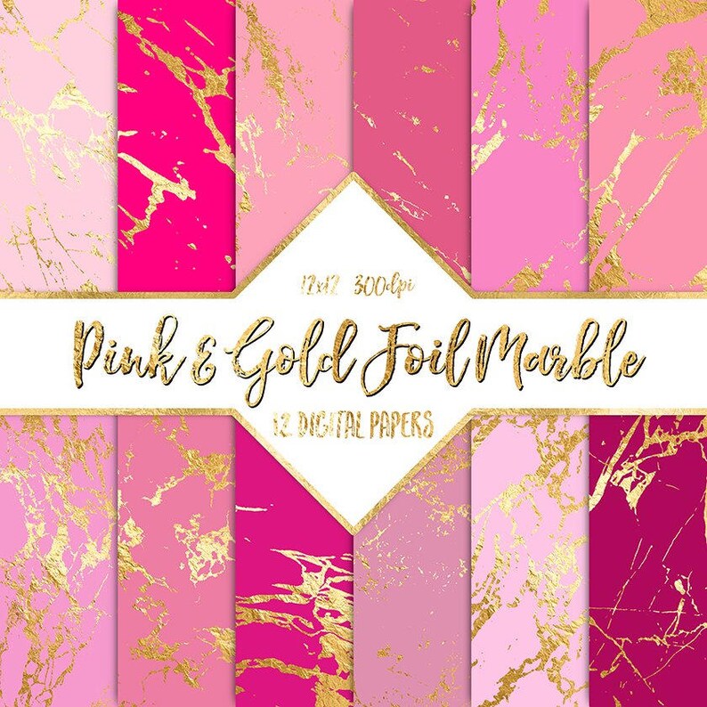 Pink & Gold Foil Marble Digital Papers: Scrapbook Texture (digital ...