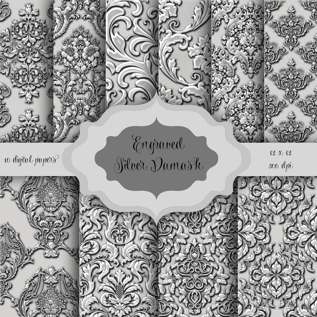 Engraved Silver Damask Digital Paper Pack: Scrapbook Backgrounds ...