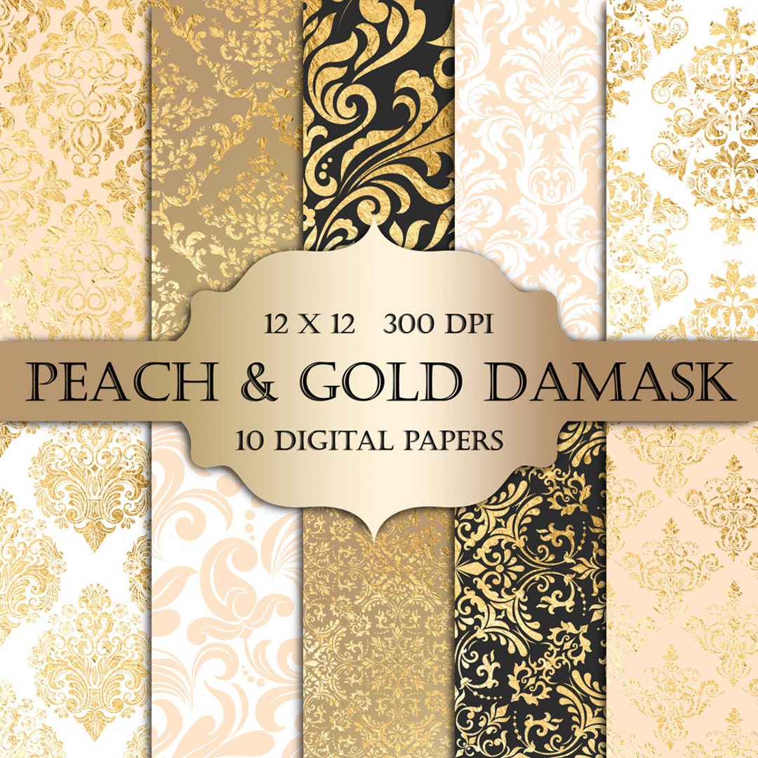 Peach & Gold Foil Damask Digital Paper - Pastel Peach Gold Damask ...
