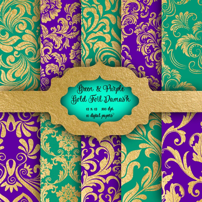 Green Purple & Gold Foil Damask Digital Paper Pack Floral - Etsy