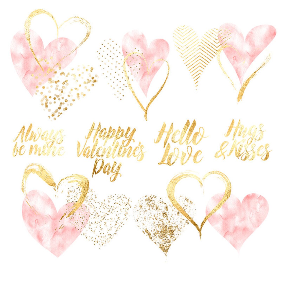 Blush Watercolor Gold Foil Hearts Clipart Valentines Clipart | Etsy