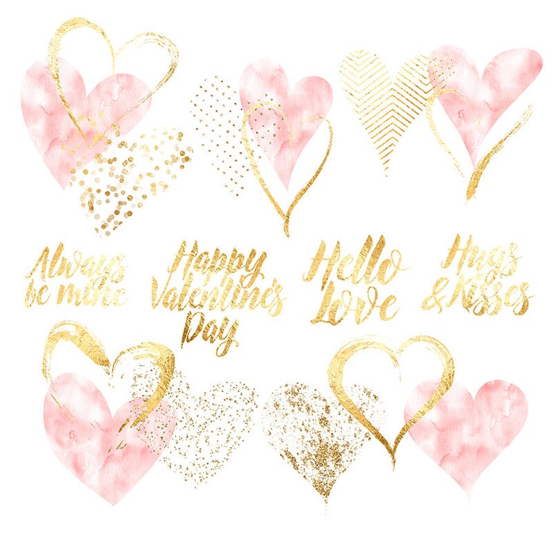 Blush Watercolor Gold Foil Hearts Clipart Valentines Clipart | Etsy
