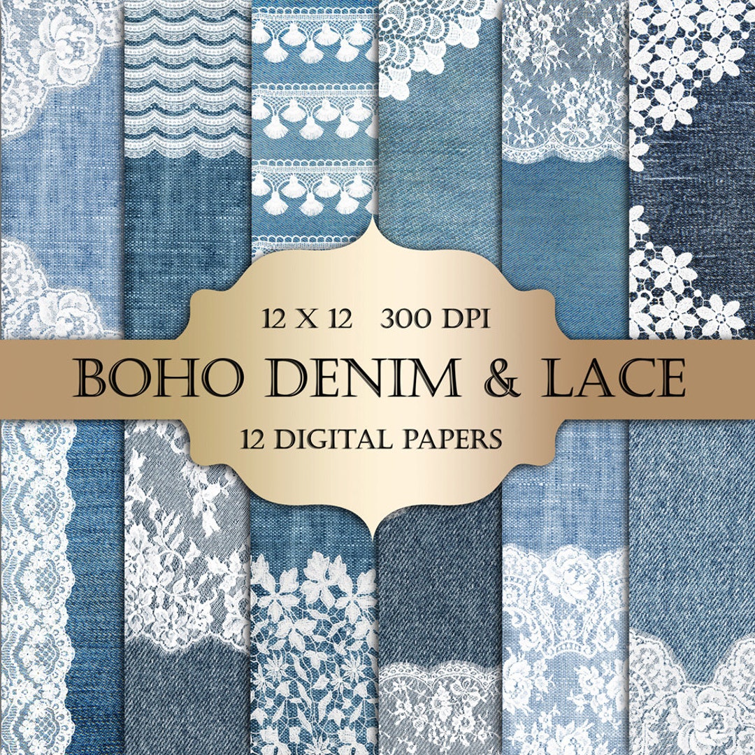 Denim & LACE Digital Paper Pack - Vintage Lace Denim Textures Bohemian ...