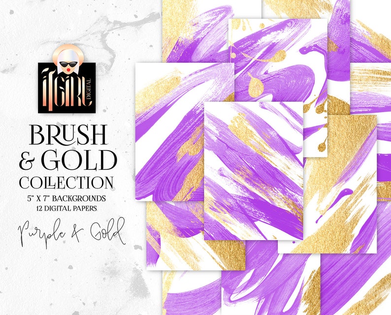 Purple & Gold Brush Strokes Watercolor Textures Gold Digital | Etsy