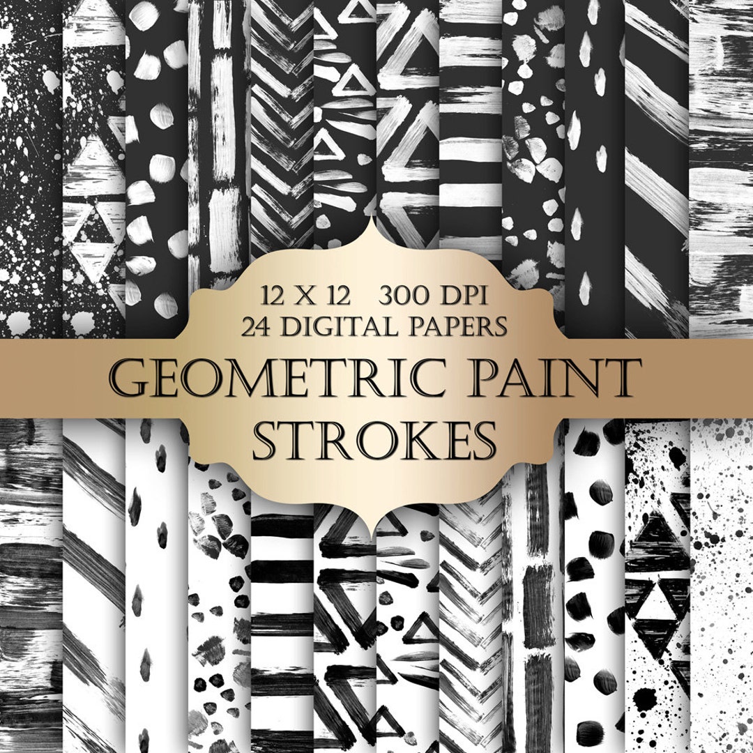 Geometric Painted Black & White Digital Paper Pack - Paint Strokes ...