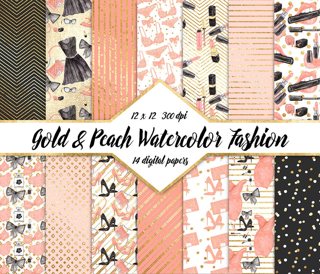 Watercolor Fashion Digital Paper Gold Peach Dress Make up - Etsy