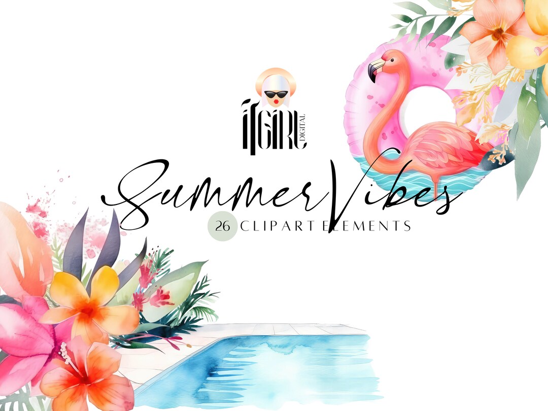 Summer Clipart, Watercolor Clipart, Watercolor Flowers, Flamingo ...