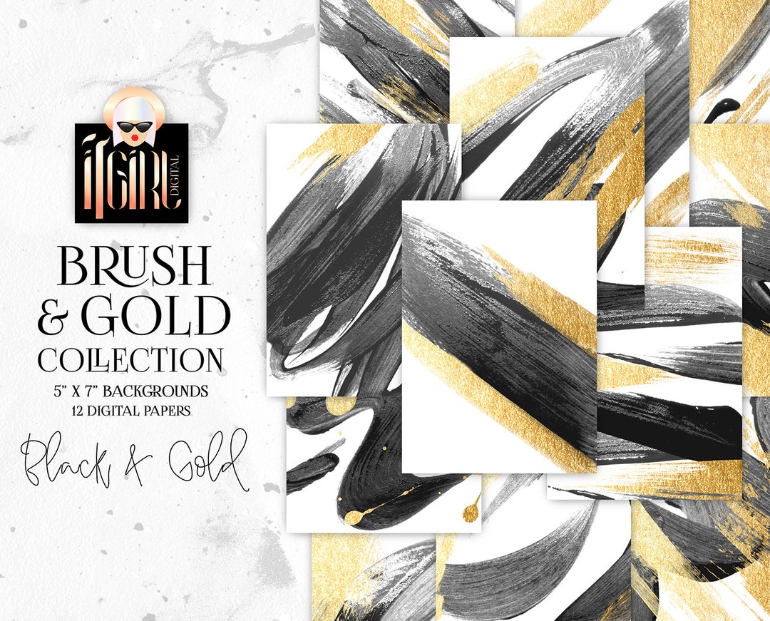 Black & Gold Brush Strokes Watercolor Texture Gold Digital Paper Gold ...
