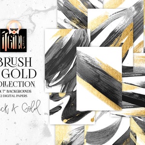 Black & Gold Brush Strokes Watercolor Texture Gold Digital Paper Gold ...