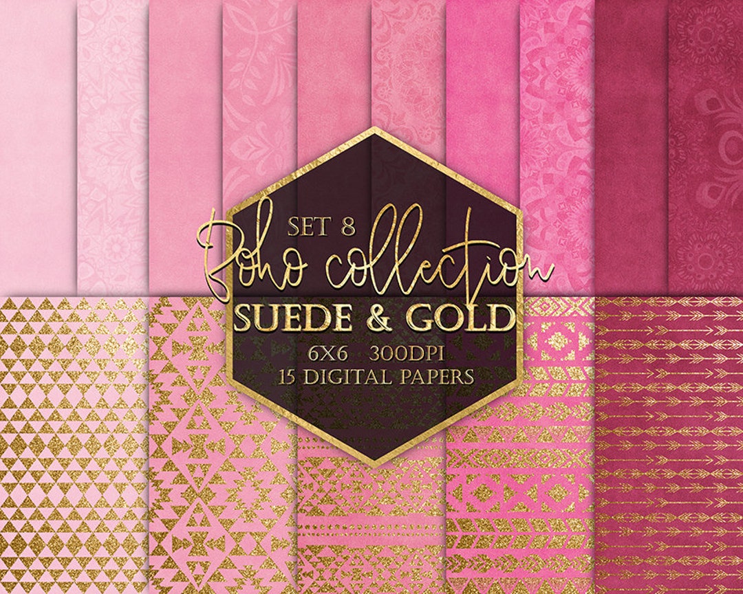 Bohemian Digital Paper - Pink Suede Boho Geometric Tribal Ethnic Gold ...