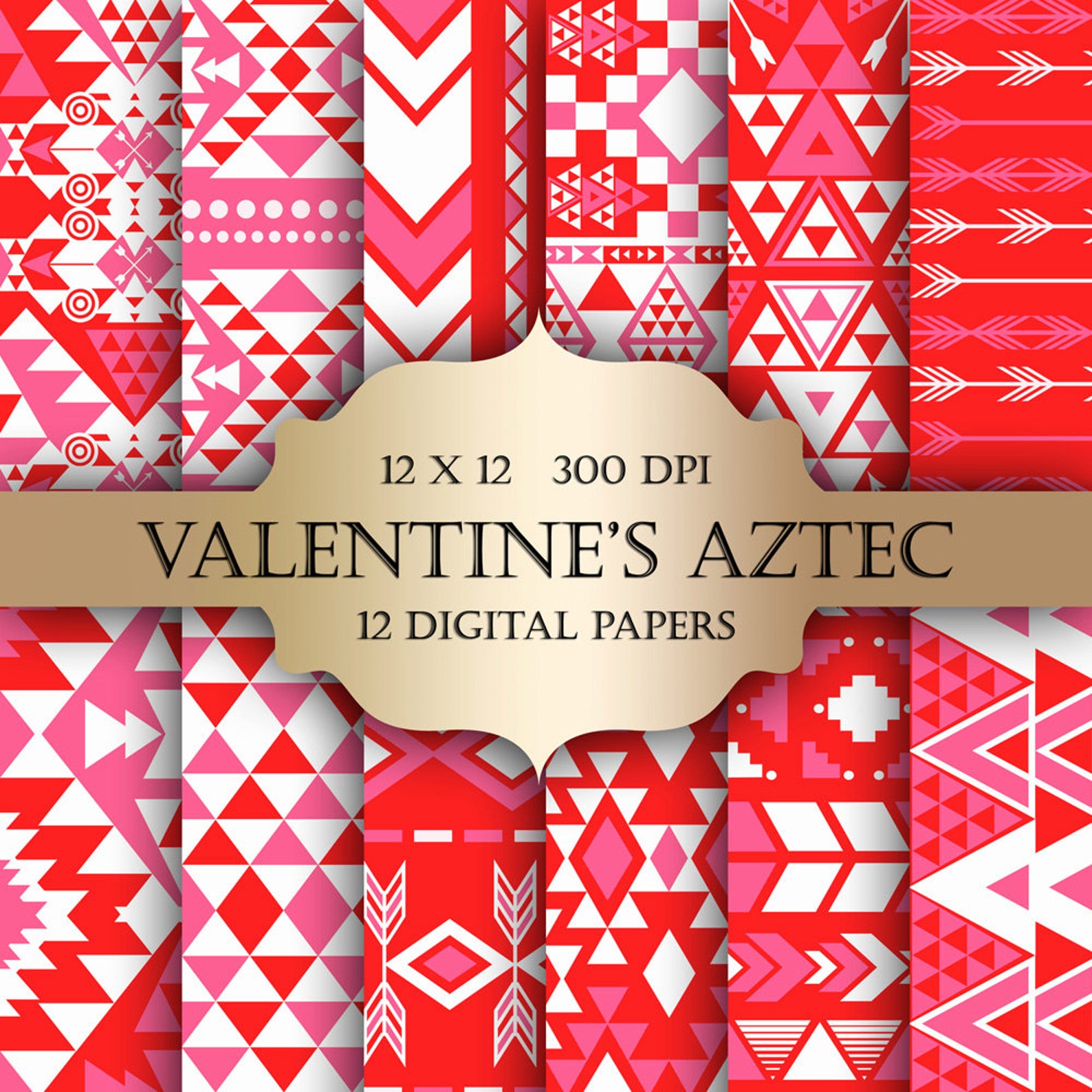 Valentines AZTEC Digital Paper Pack Ethnic Tribal Pink Red | Etsy