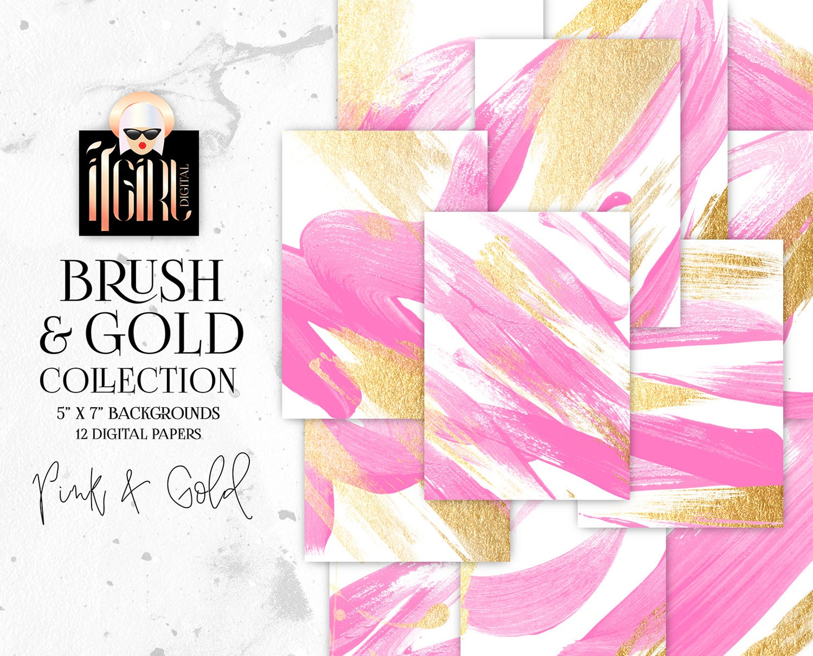 Pink & Gold Watercolor Brush Stroke Textures: Digital Paper (5x7 JPEG ...