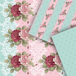 Shabby Chic Floral Digital Paper Pack: Pink & Mint Damask (digital ...
