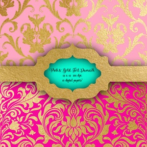 Pink & Gold Foil Damask Digital Paper Pack - Floral Gold Metallic Foil ...