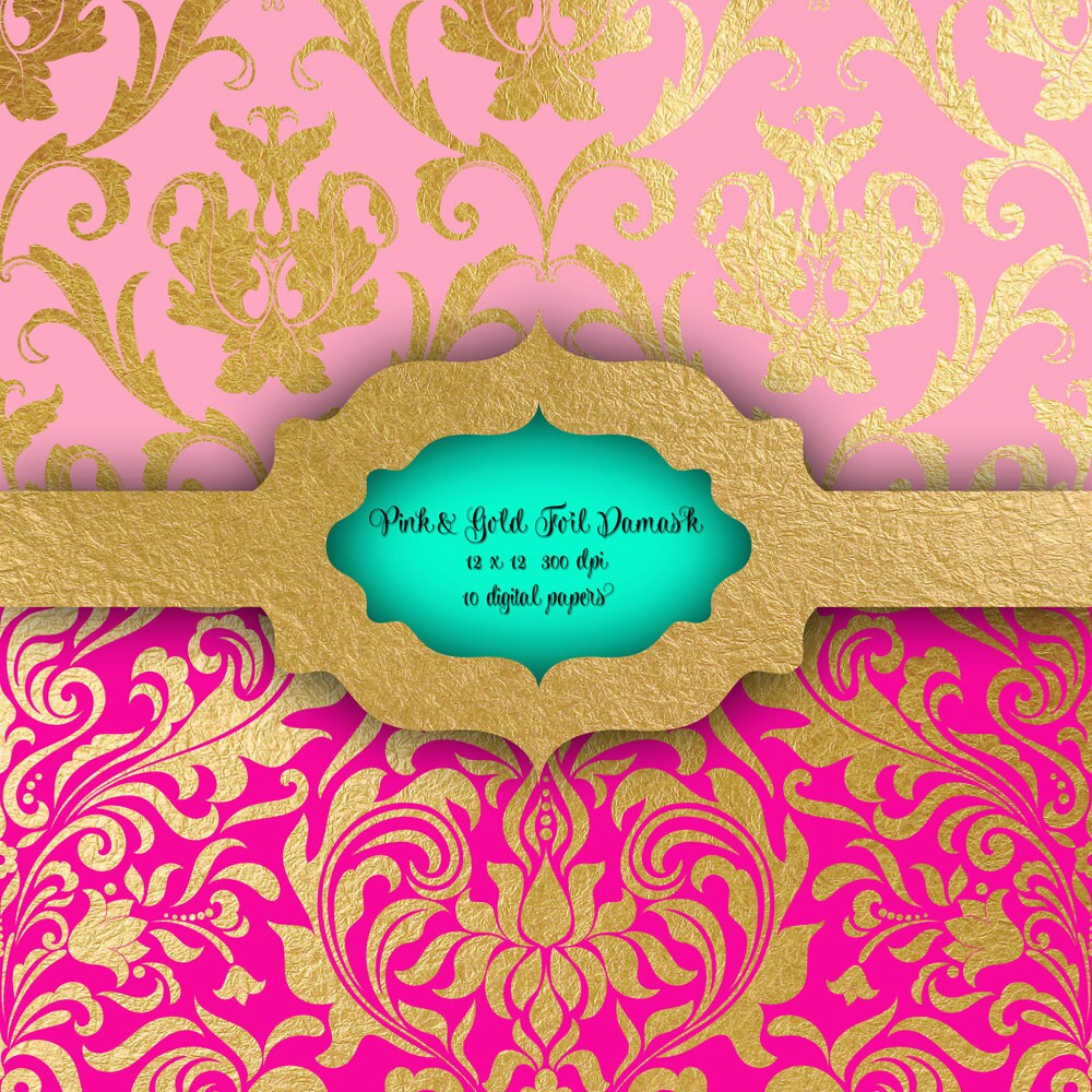 Pink & Gold Foil Damask Digital Paper Pack Floral Gold | Etsy