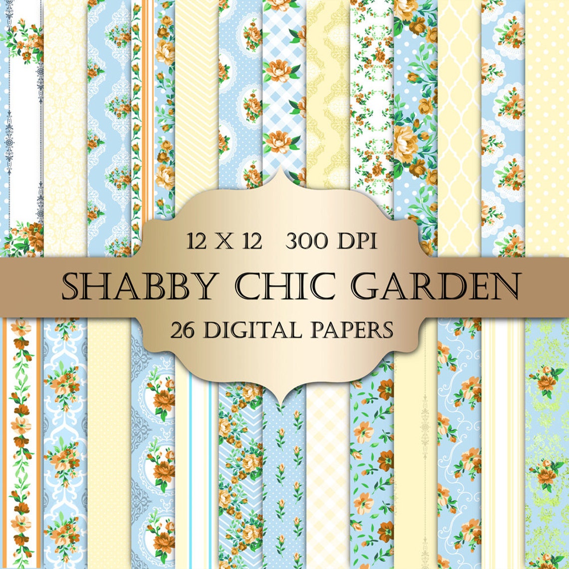 Shabby Chic Digital Paper Vintage Blue Yellow Floral Lace | Etsy
