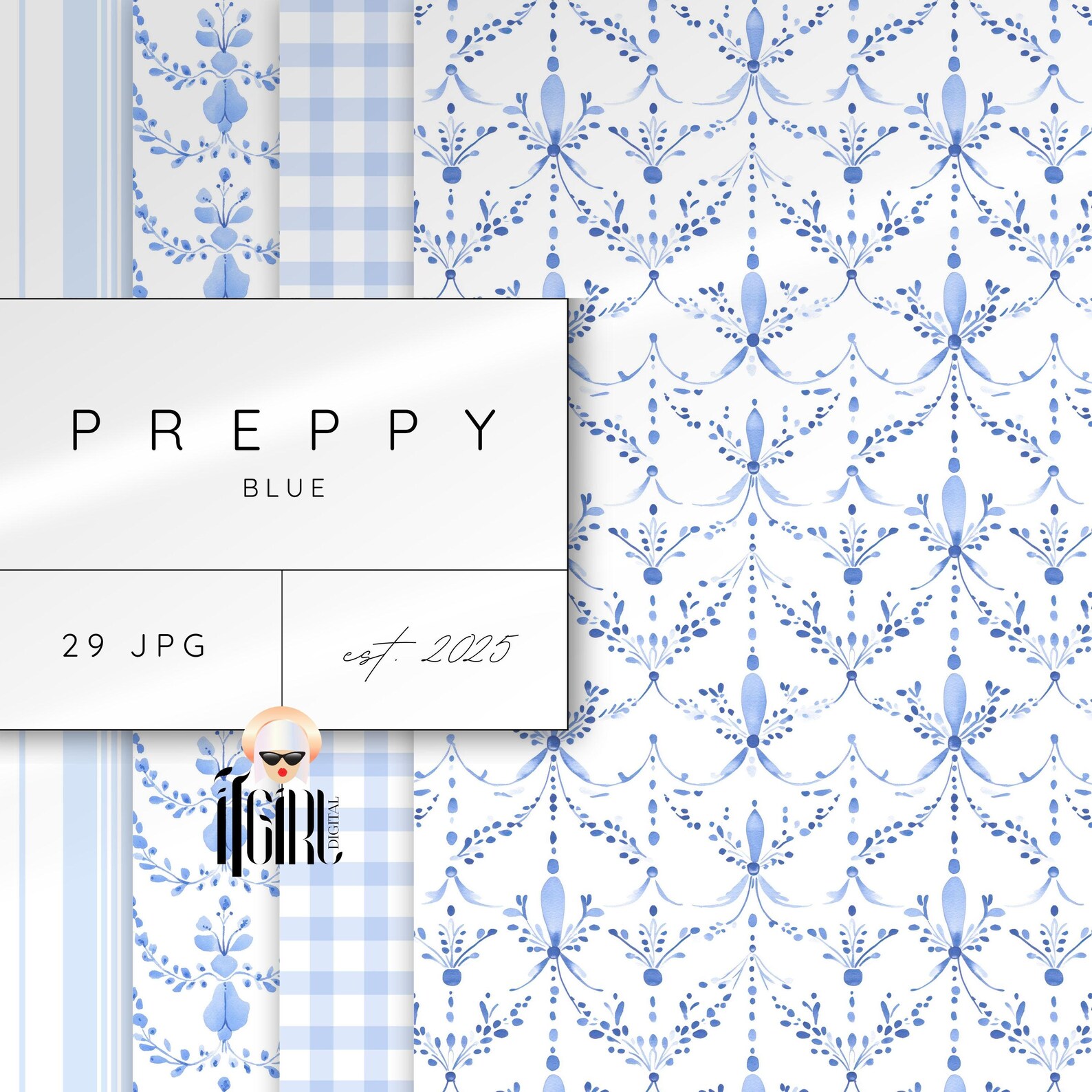 Grandmillenial Blue Preppy Seamless Digital Paper, Damask, Watercolor ...