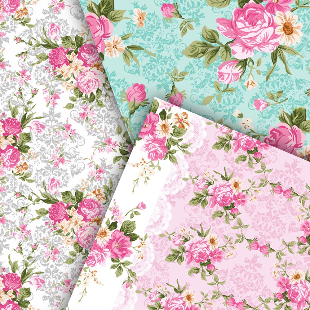 Valentines Vintage Shabby Chic Flowers Digital Paper Pack | Etsy
