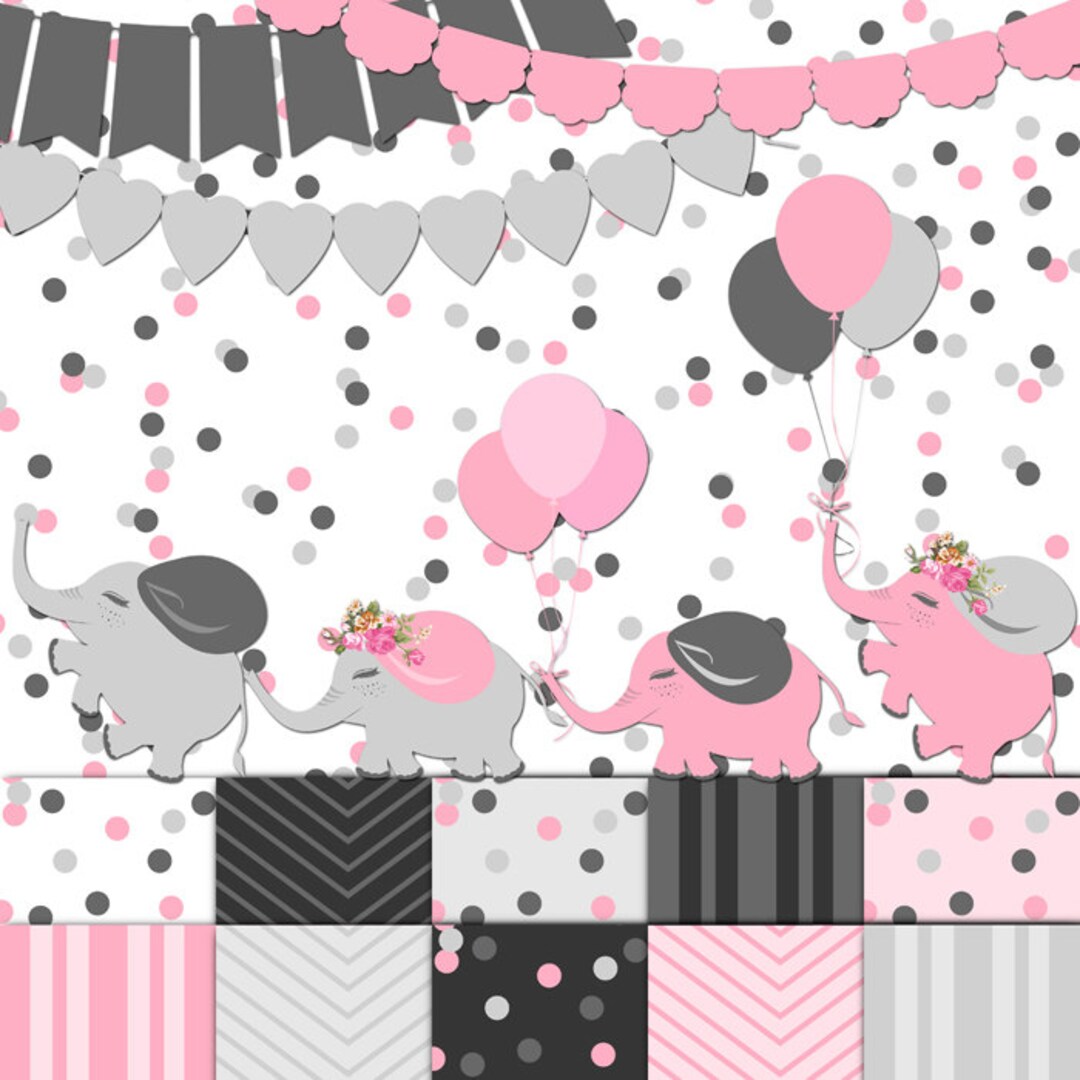 Elephants Clipart - Pink Grey Elephants Baby Shower Baby Girl Birthday ...