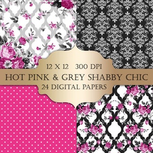 Pink Shabby Chic Digital Papers - Hot Pink & Grey Quatrefoil Polka Dot ...