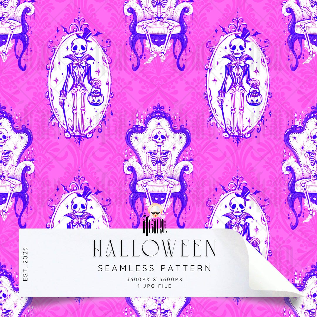 Grandmillennial Pink Halloween Seamless Pattern: Preppy Skeleton ...