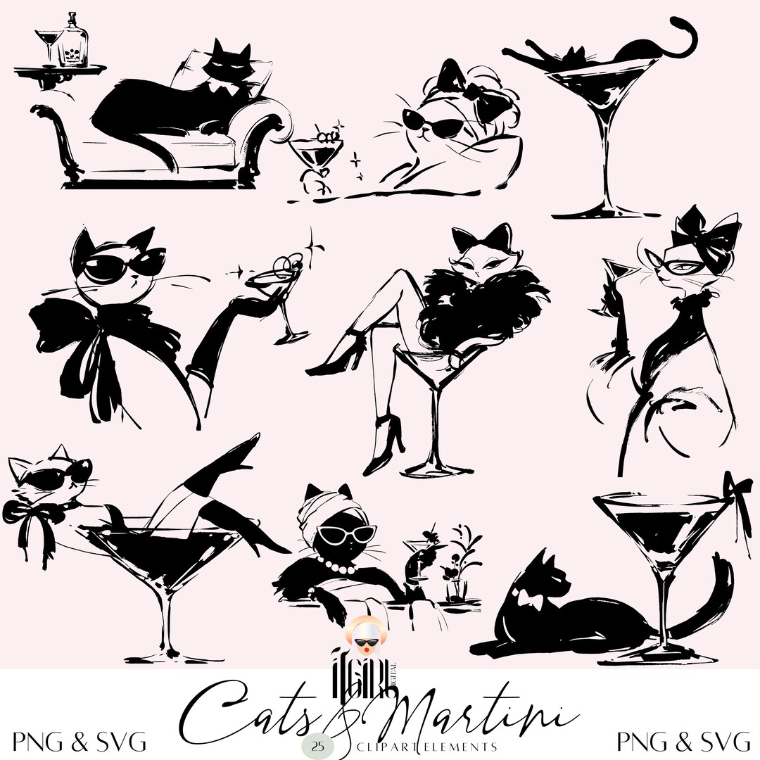 SVG Hand Drawn Whimsical Cats and Martini Clipart, Martini Clipart, SVG ...