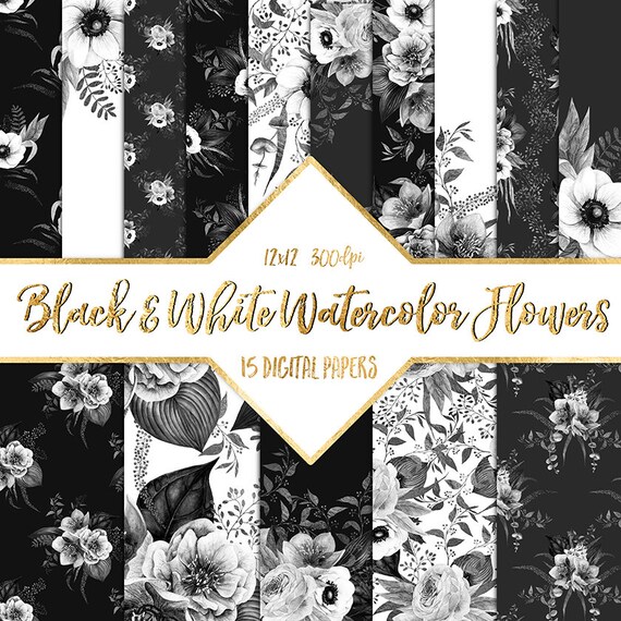 Watercolor Flowers Digital Paper black watercolor shabby | Etsy