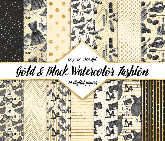 Gold & Black Watercolor Fashion Digital Paper Shabby Chic - Etsy