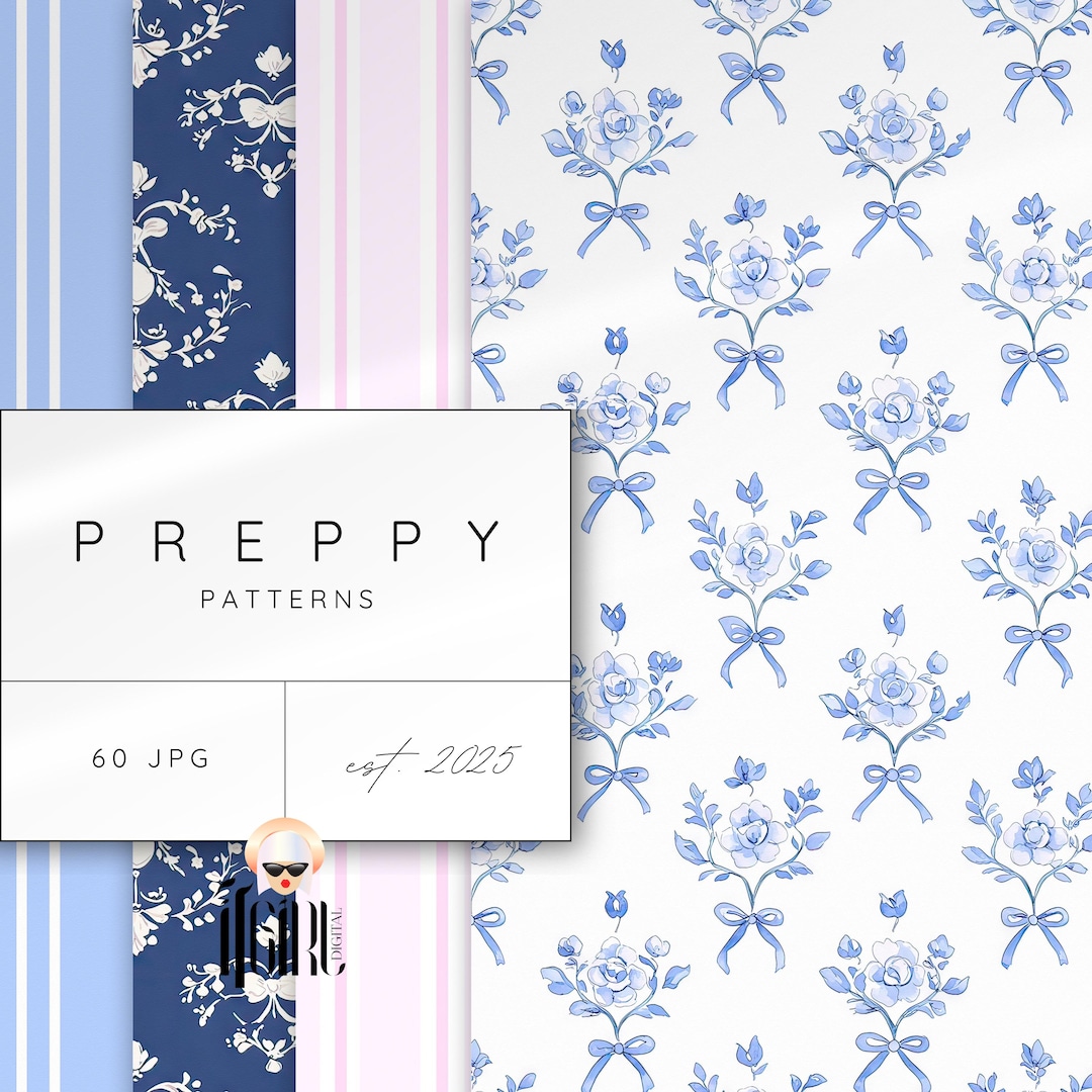 Grandmillenial Patterns, Preppy Seamless Digital Paper, Damask ...
