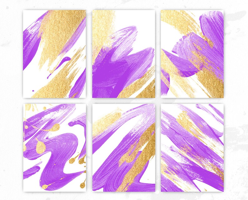 Purple & Gold Brush Strokes Watercolor Textures Gold Digital | Etsy