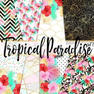 Tropical Flowers Digital Paper Summer Backgrounds Flamingo Tropical ...