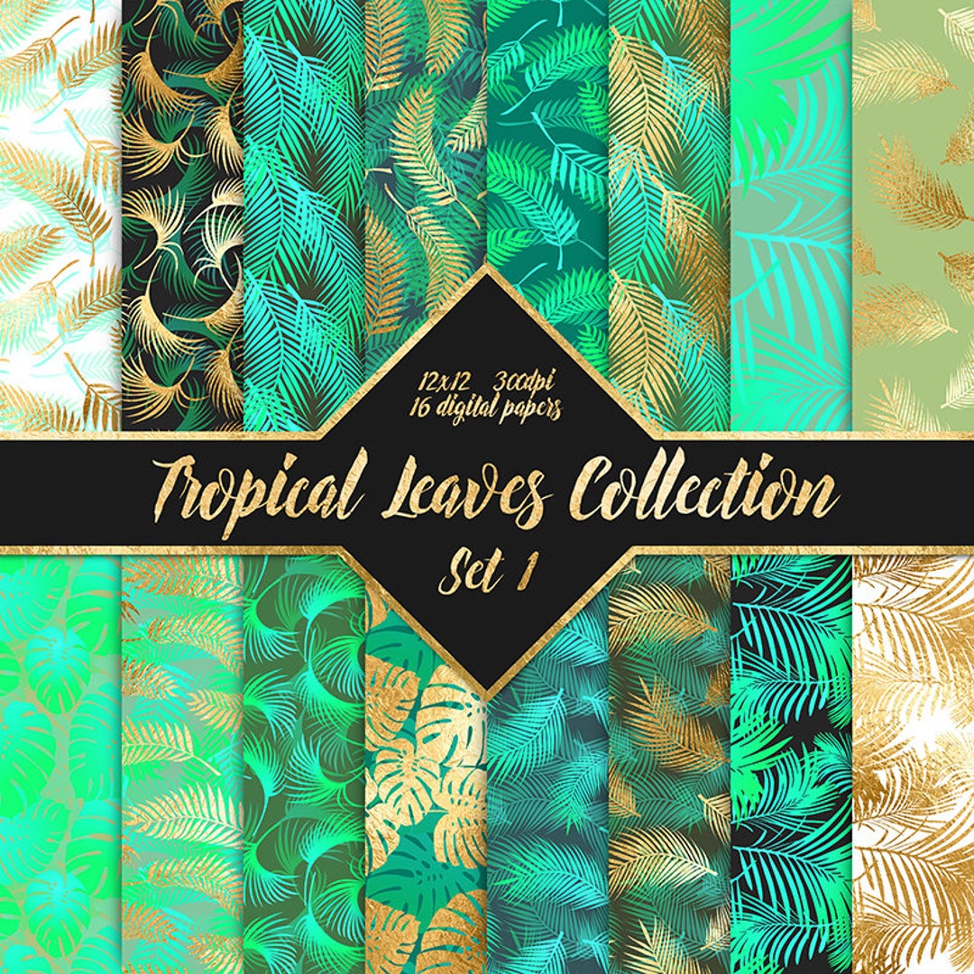Tropical Leaf Digital Papers - Tropical Leaves Gold Foil Summer Aloha ...